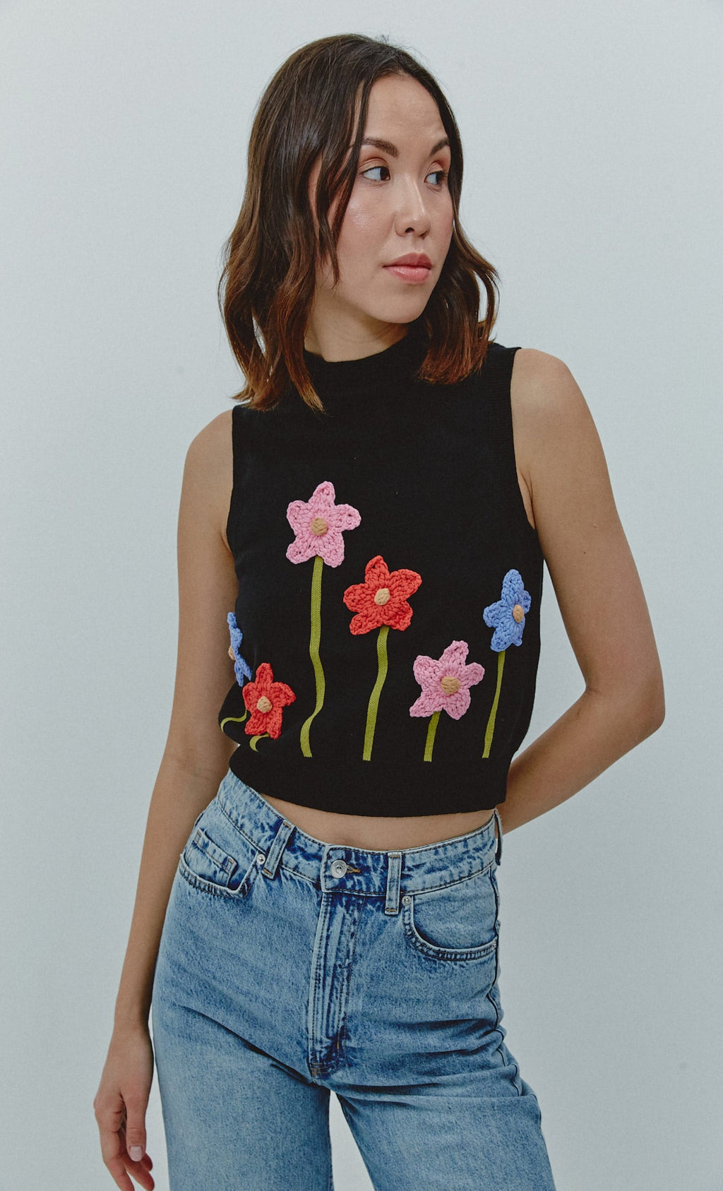 Black Knitted Crochet Flower Top – Another Girl